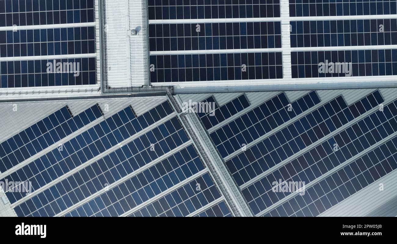 Aerial view of solar panels or photovoltaic module. Solar power for ...