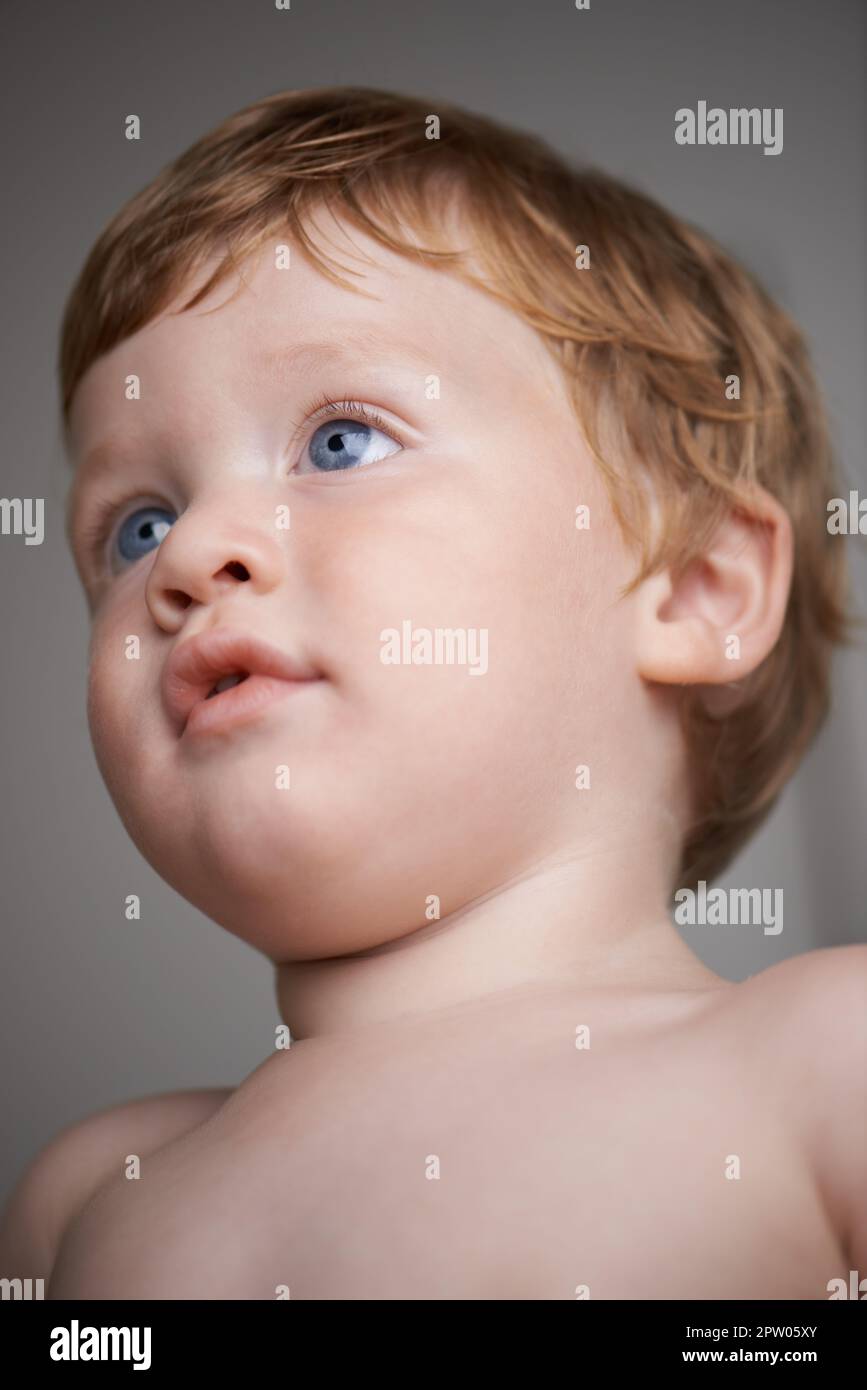 Wide-eyed innocence. Cute red-headed toddler looking away against a ...