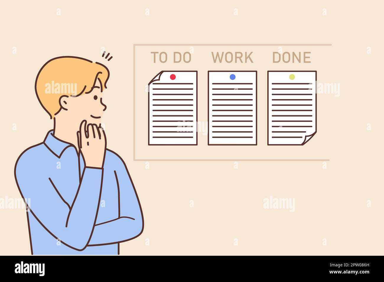 Pensive young man looking at lists thinking of task finishing ...