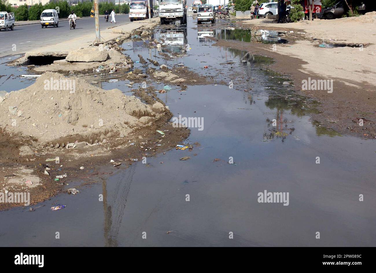 Inundated road by overflowing sewerage water, causing unhygienic ...