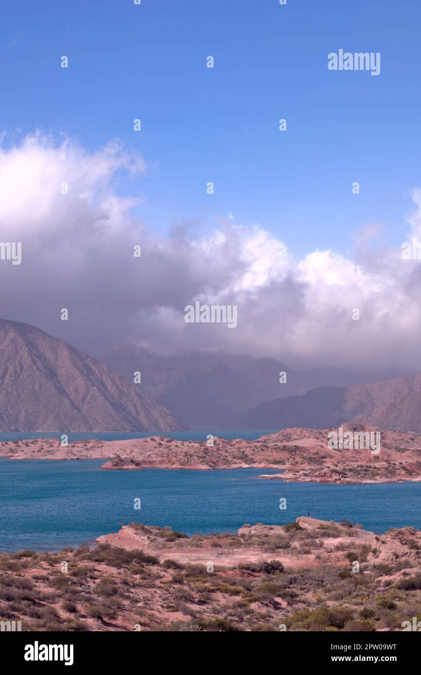 Elevated view of the shores of the lake Potrerillos, in Mendoza ...