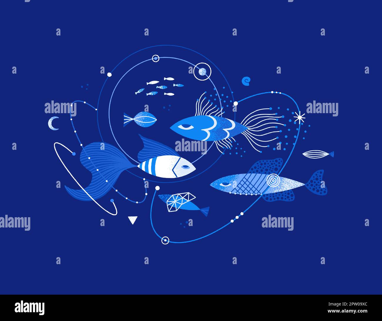 Cosmic fish and planetary axes. Magic underwater life. Space marine ...
