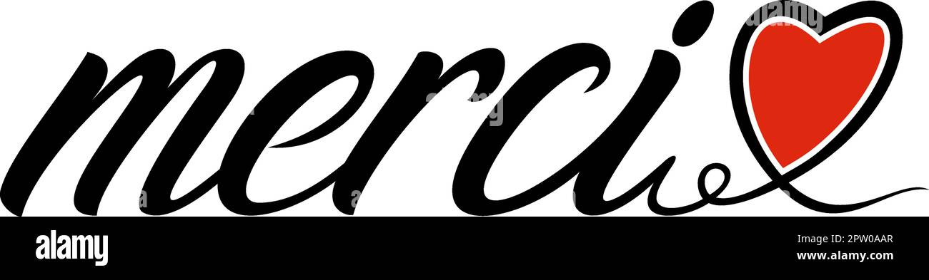 Thank you in French language. Black Vector lettering with red Heart ...