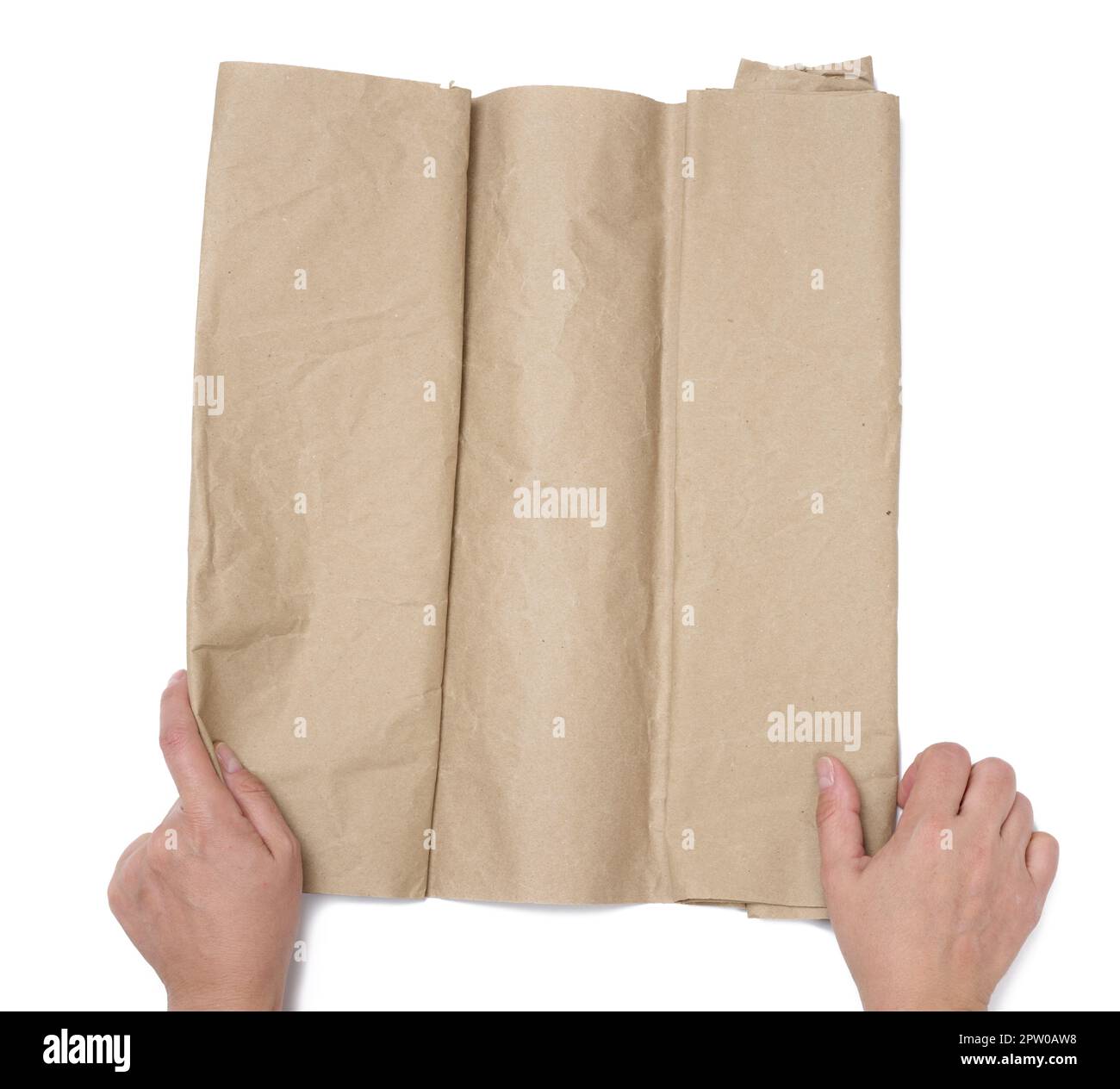 Two female hands hold a roll of crumpled brown paper on a white ...