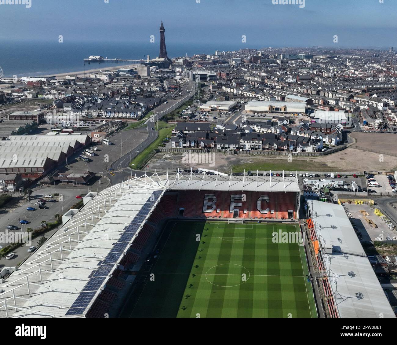 An aerial view of Bloomfield Road and Blackpool Tower ahead of the Sky ...