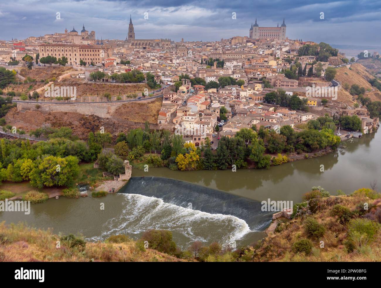 View from a height of the medieval Spanish city of Toledo at sunset ...