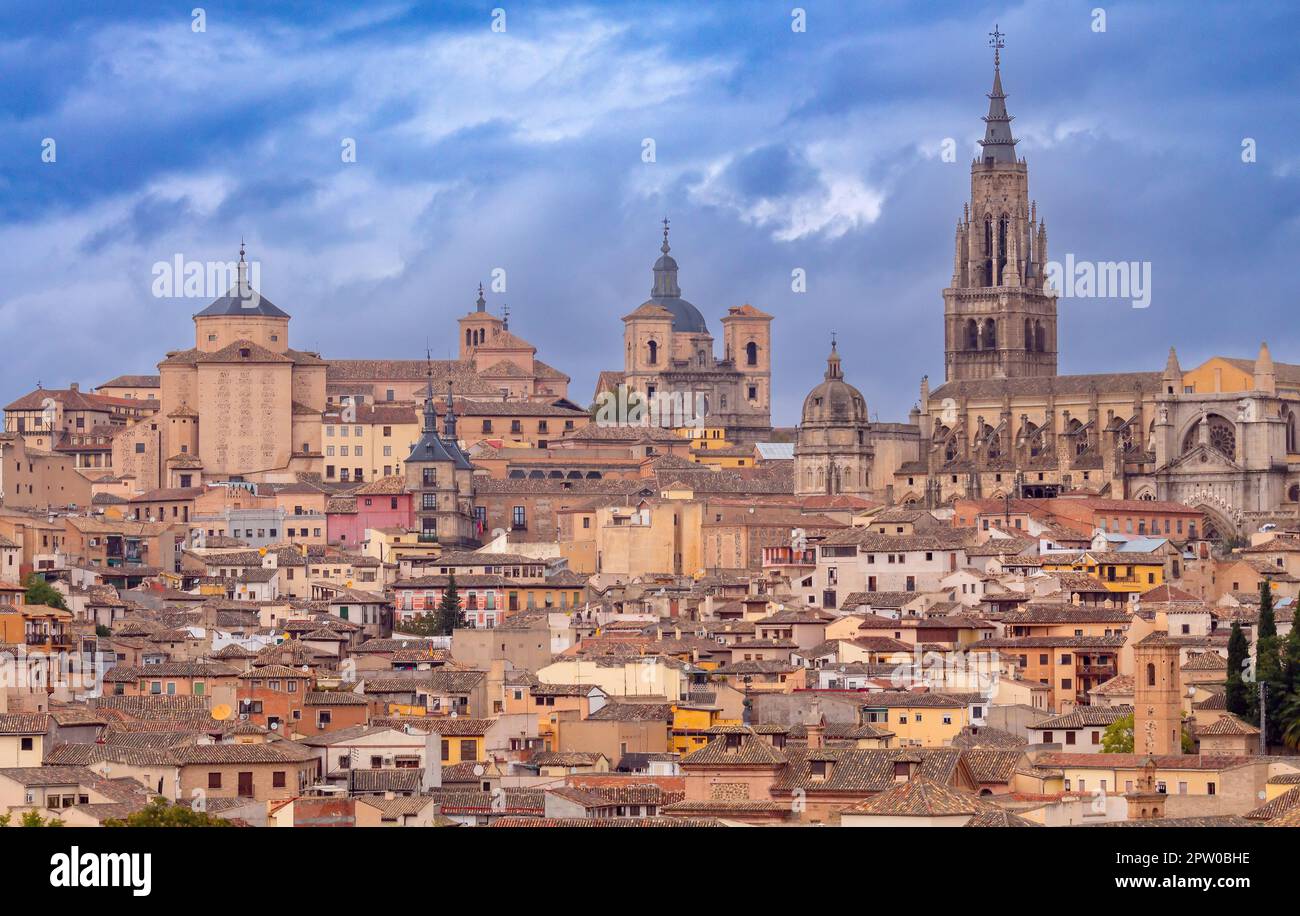 View from a height of the medieval Spanish city of Toledo at sunset ...