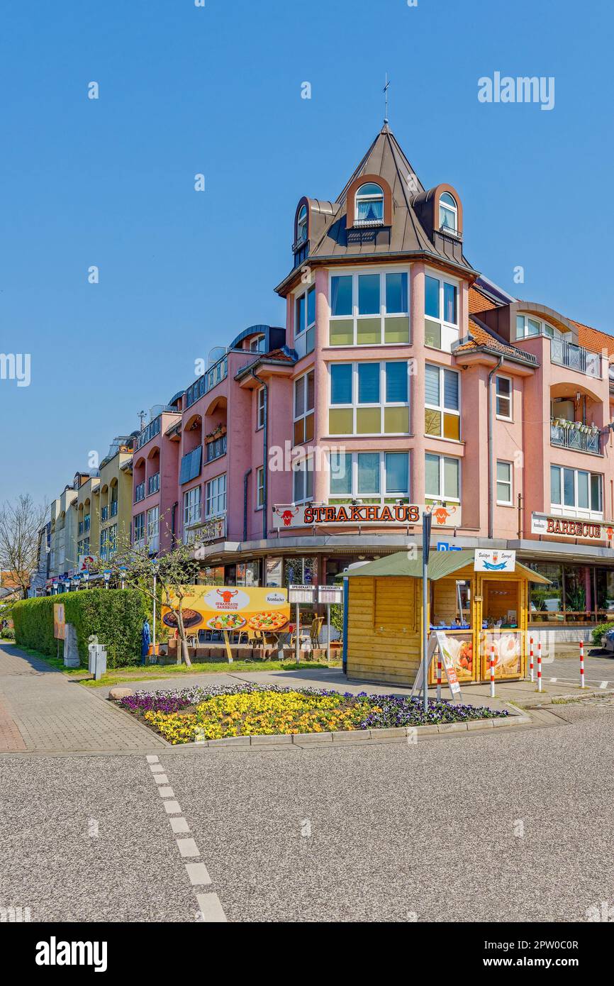 Mahlow, Germany - April 21, 2023: Street view with shops in a small ...