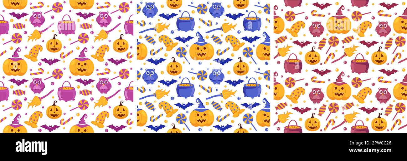 Set of Halloween Seamless Pattern Design With Witch, Haunted House ...