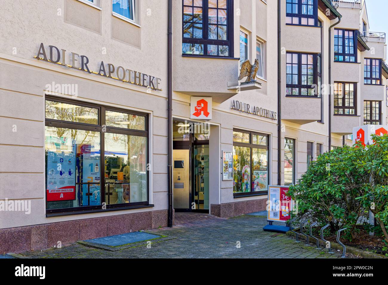 Mahlow, Germany - April 21, 2023: Street view with shops in a small ...