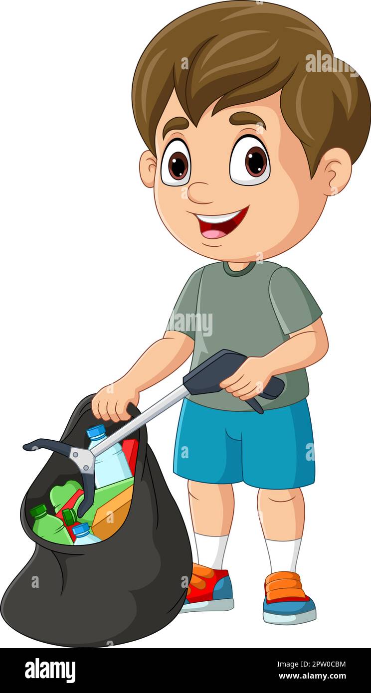Cartoon boy collecting plastic garbage with litter stick Stock Vector ...