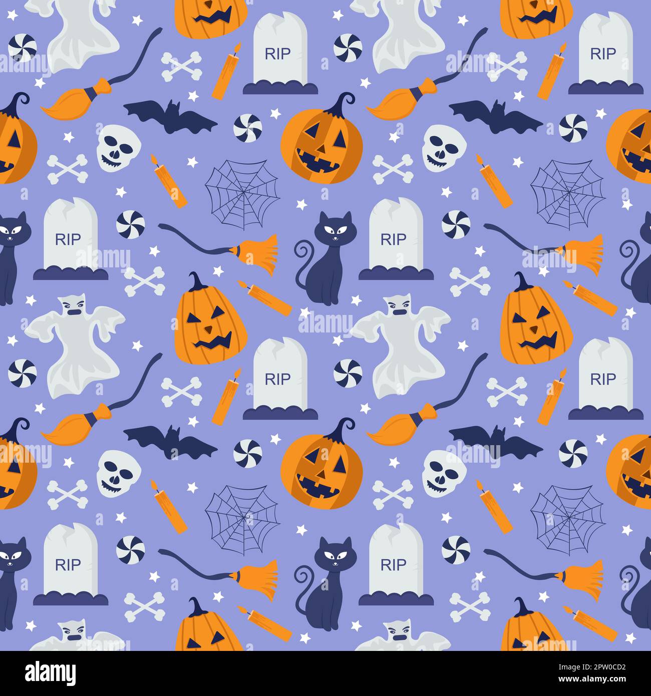 Halloween Seamless Pattern Design With Witch, Haunted House, Pumpkins ...