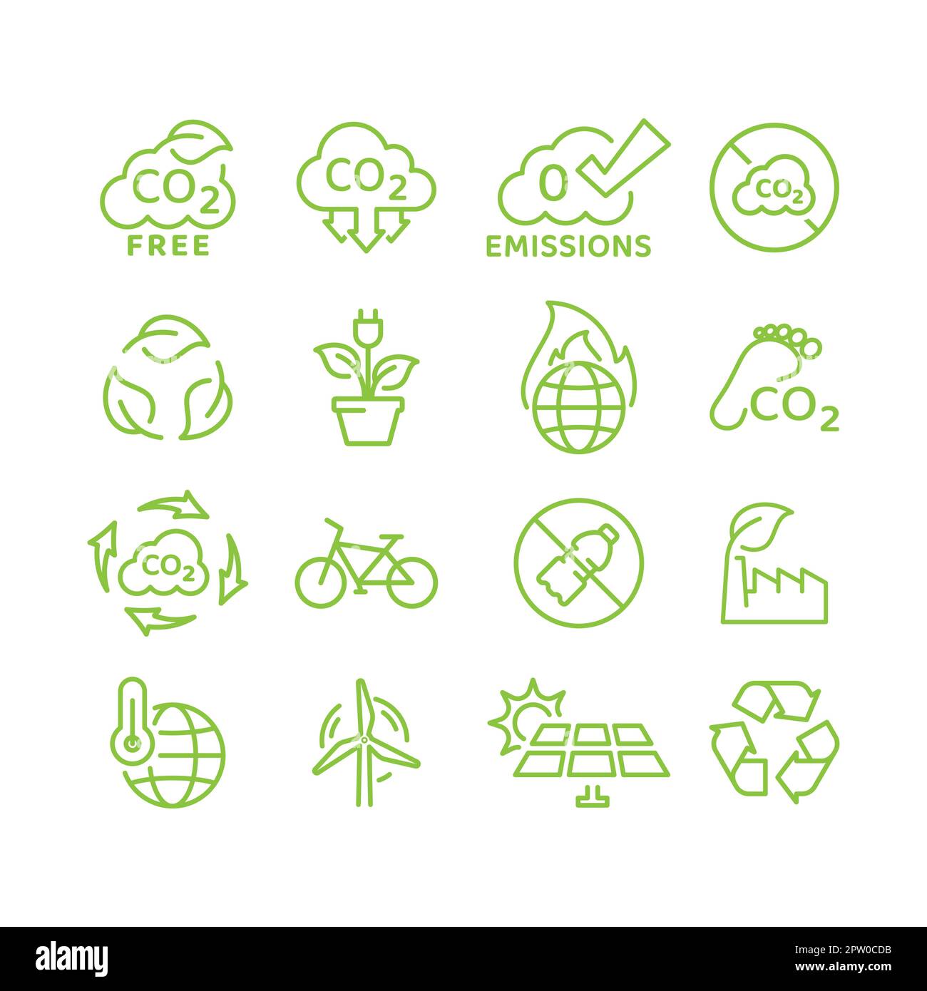 Zero emissions, carbon footprint reduction vector icon set Stock Vector ...