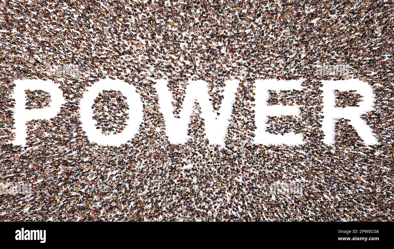 Conceptual large community of people forming the word POWER . 3d ...