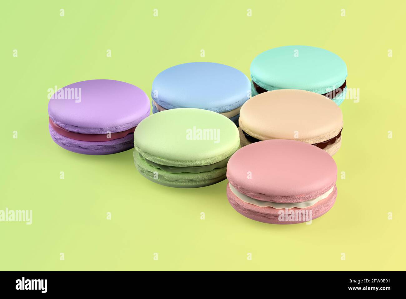 Six french macarons with different colors and flavors on green ...