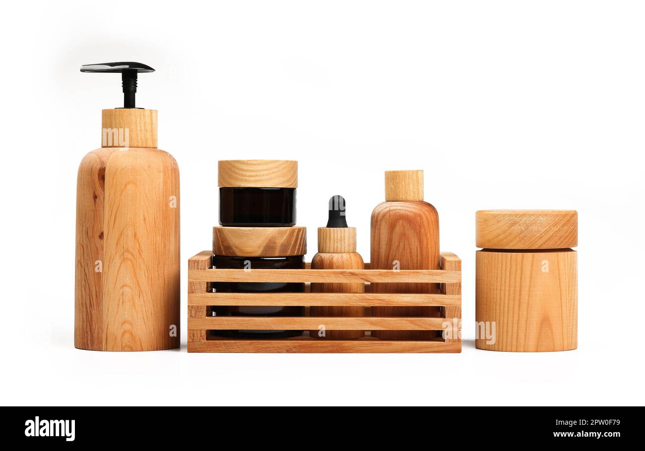 Close up set of beauty care and personal hygiene products in wooden ...