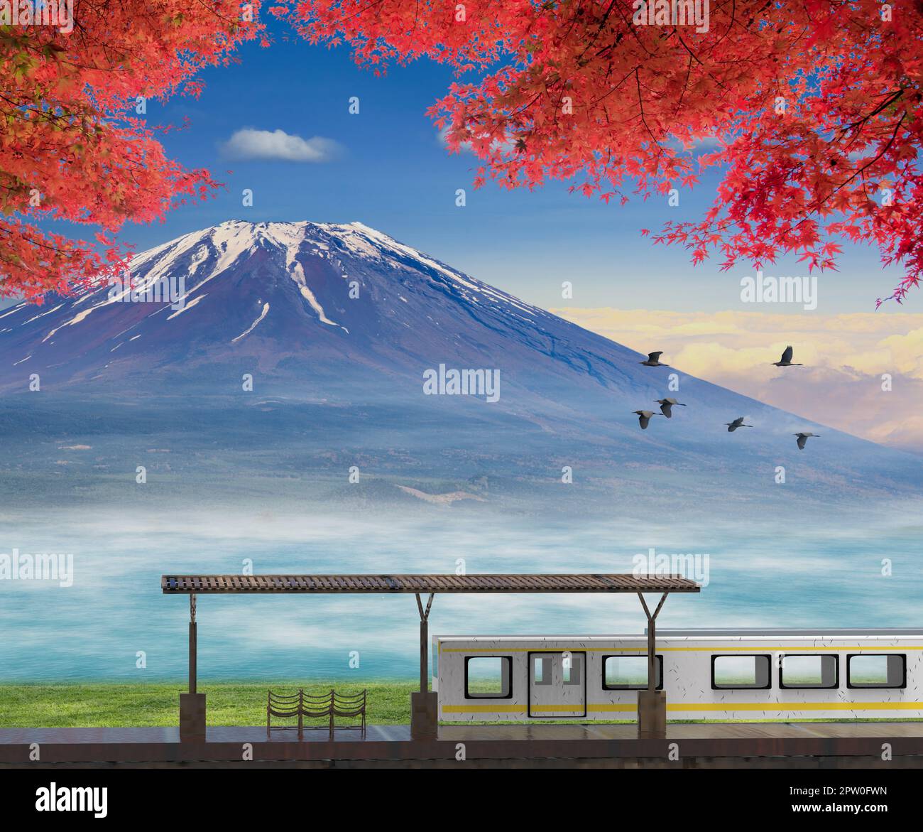 The 3d rendering of nice view with beautiful fuji mountaion Stock Photo ...