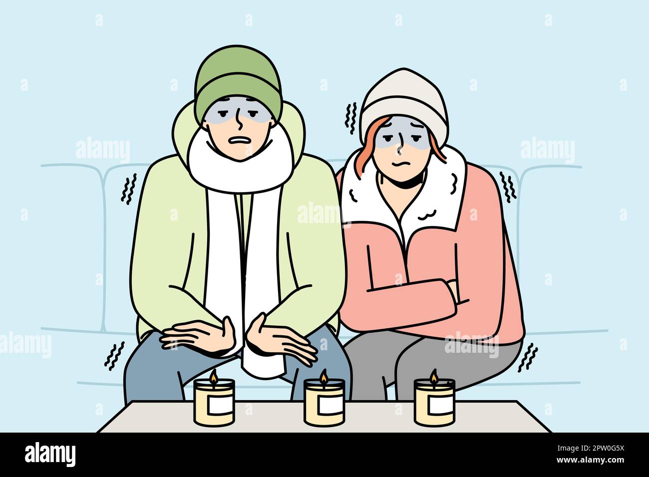 Man, woman in hats, puffer jackets are sitting, warming themselves near burning candles in ...
