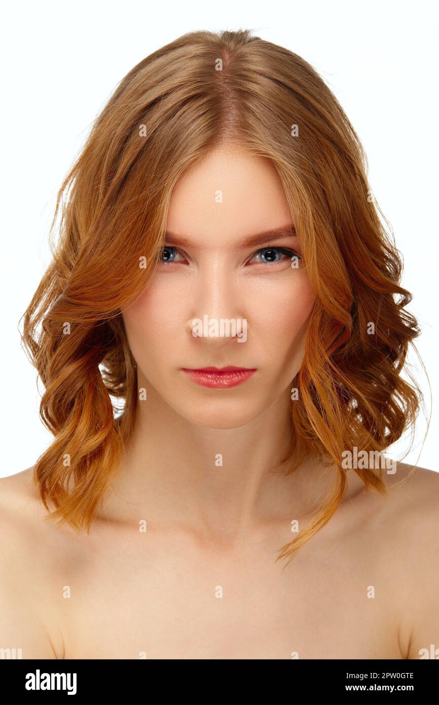 Portrait of angry young woman with blue eyes and red lips. Beauty ...