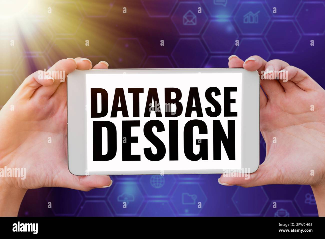 Text caption presenting Database Design, Business concept organisation of data according to a ...