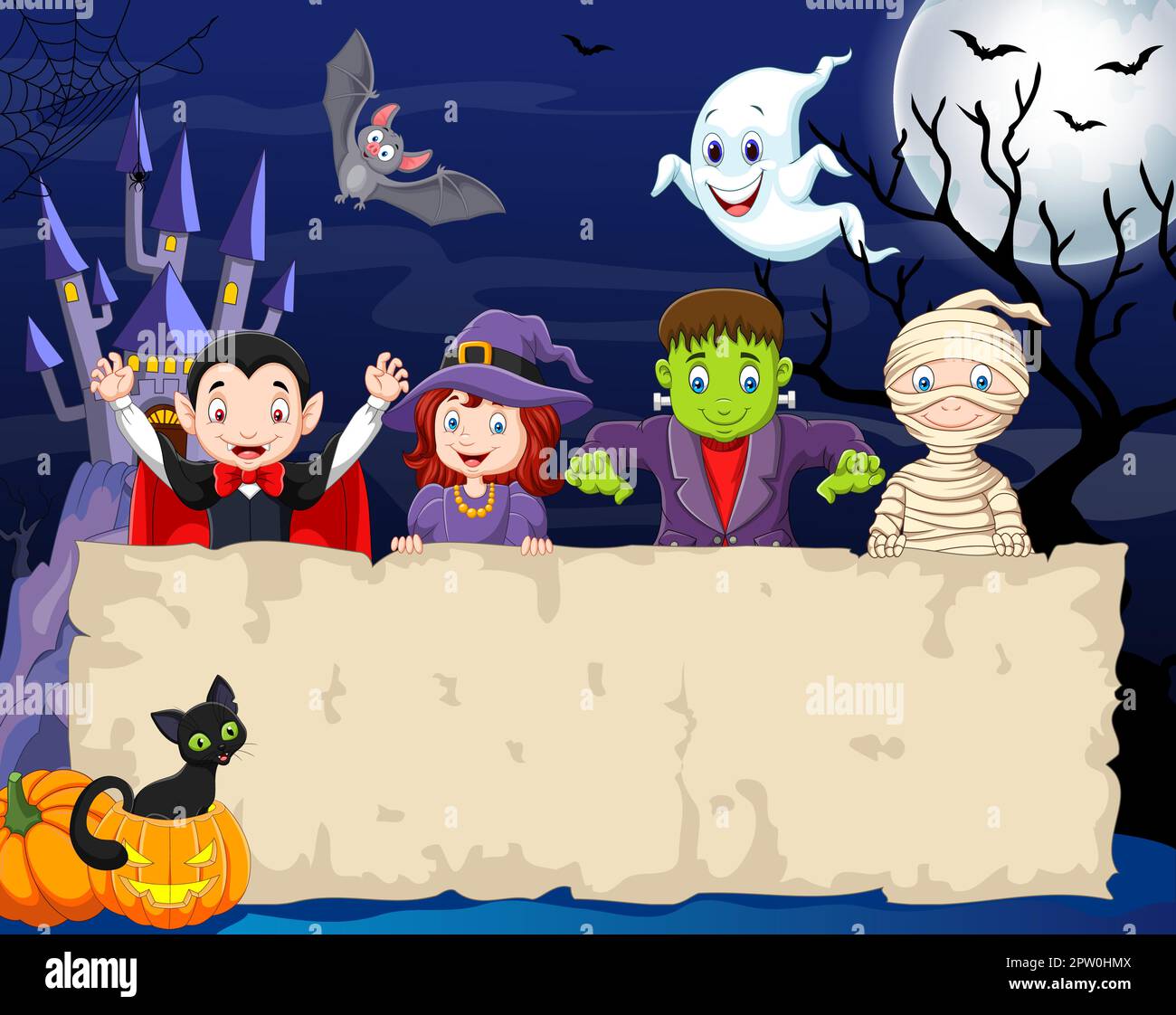 Group of kids wearing halloween costumes with blank sign Stock Vector ...
