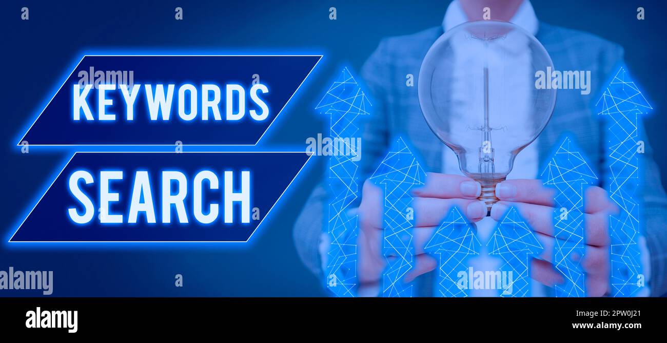 Hand writing sign Keywords Search, Business approach looks for matching ...