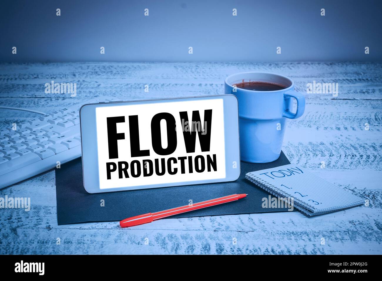 Hand writing sign Flow Production, Business showcase items are produced ...