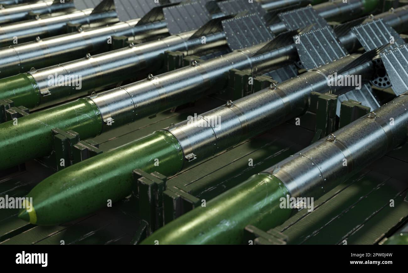 3d render illustration of a stacked world war era aircraft rockets on ...