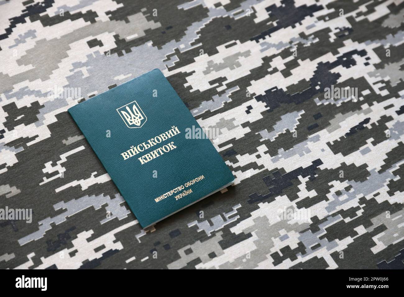 Ukrainian military ID on fabric with texture of pixeled camouflage ...