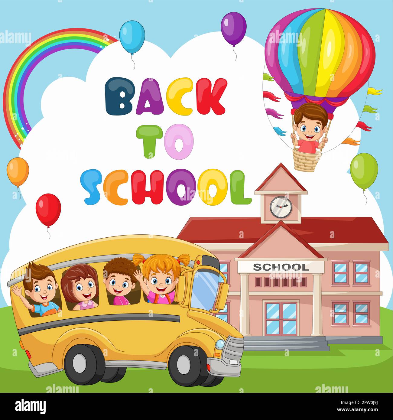 Back to school. Happy children riding on school bus and hot air balloon ...