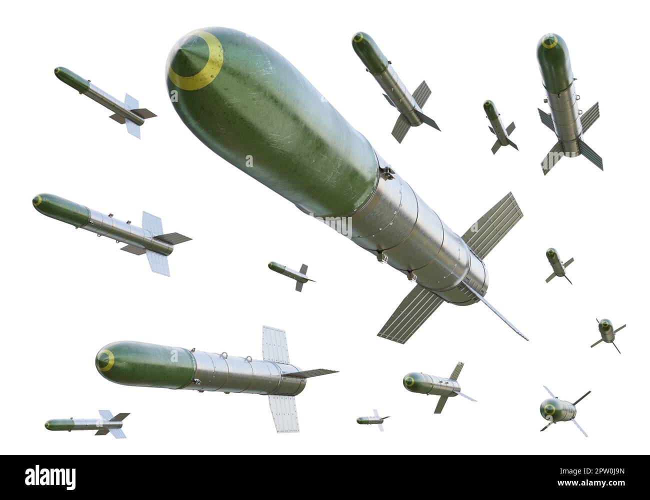 3d render illustration of a swarm of aircraft rockets from world war ...