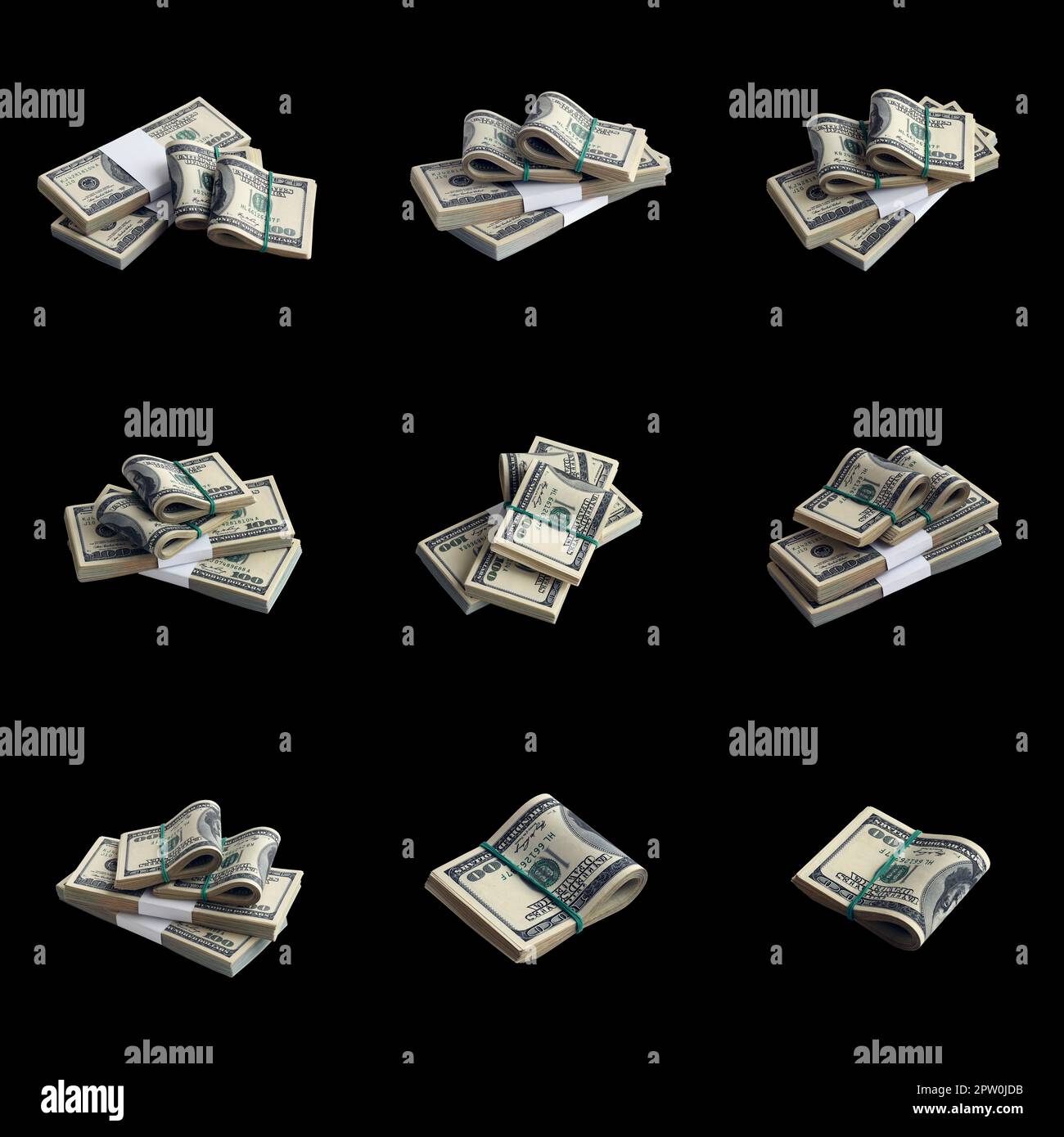Big set of bundles of US dollar bills isolated on black. Collage with ...