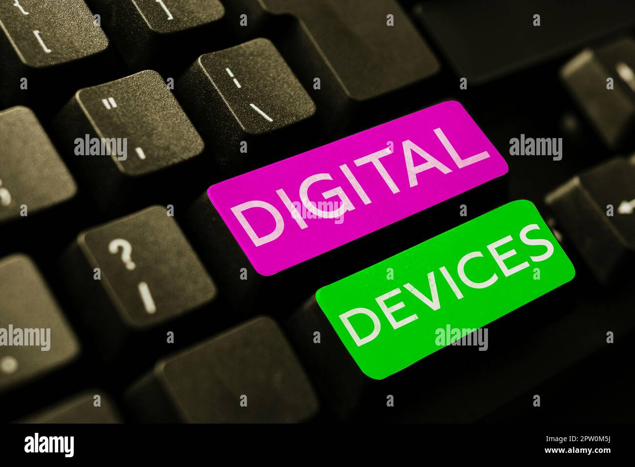 Text caption presenting Digital Devices, Word Written on physical unit ...