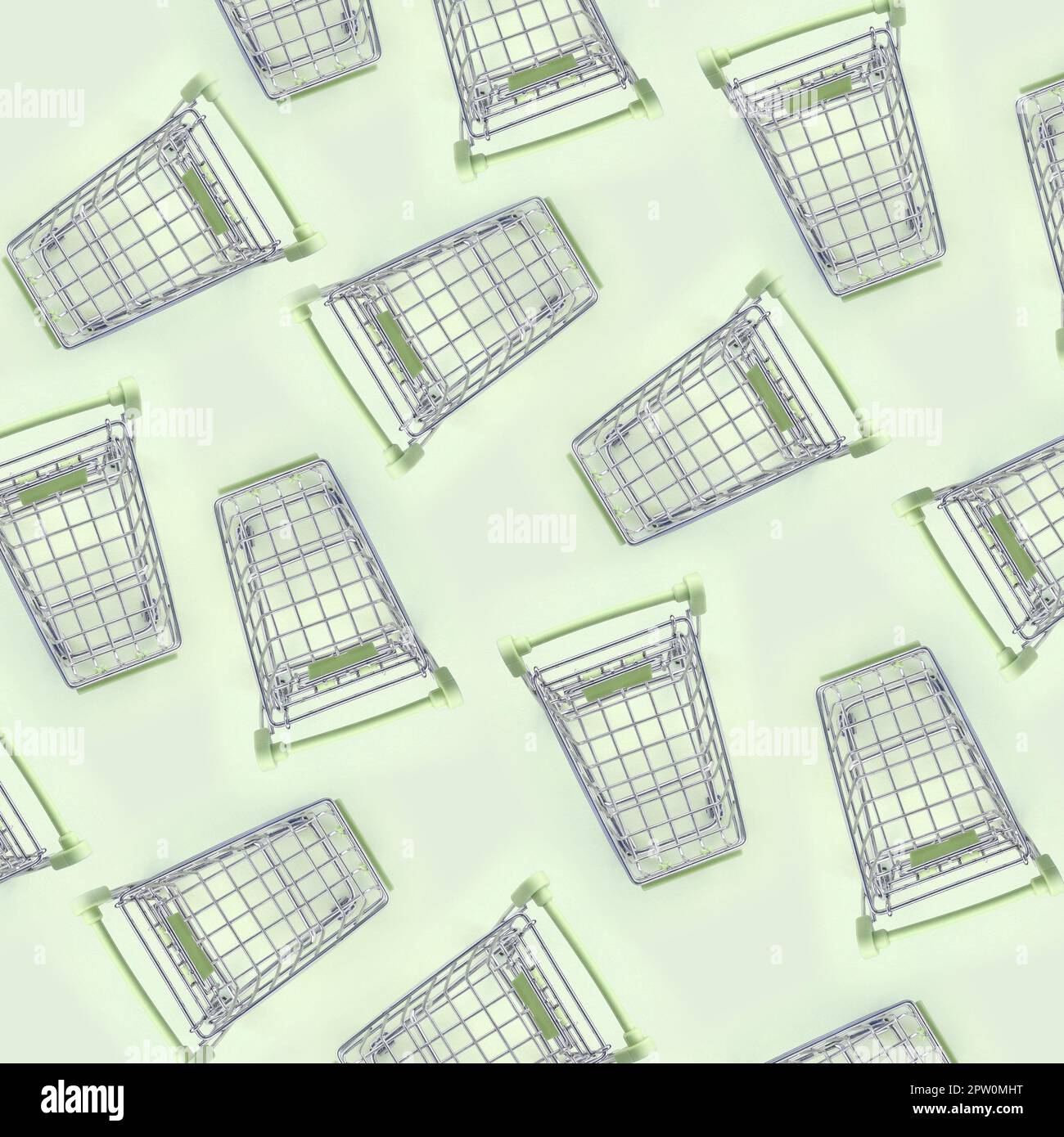 Pattern of many small shopping carts on a lime background. Minimalism ...