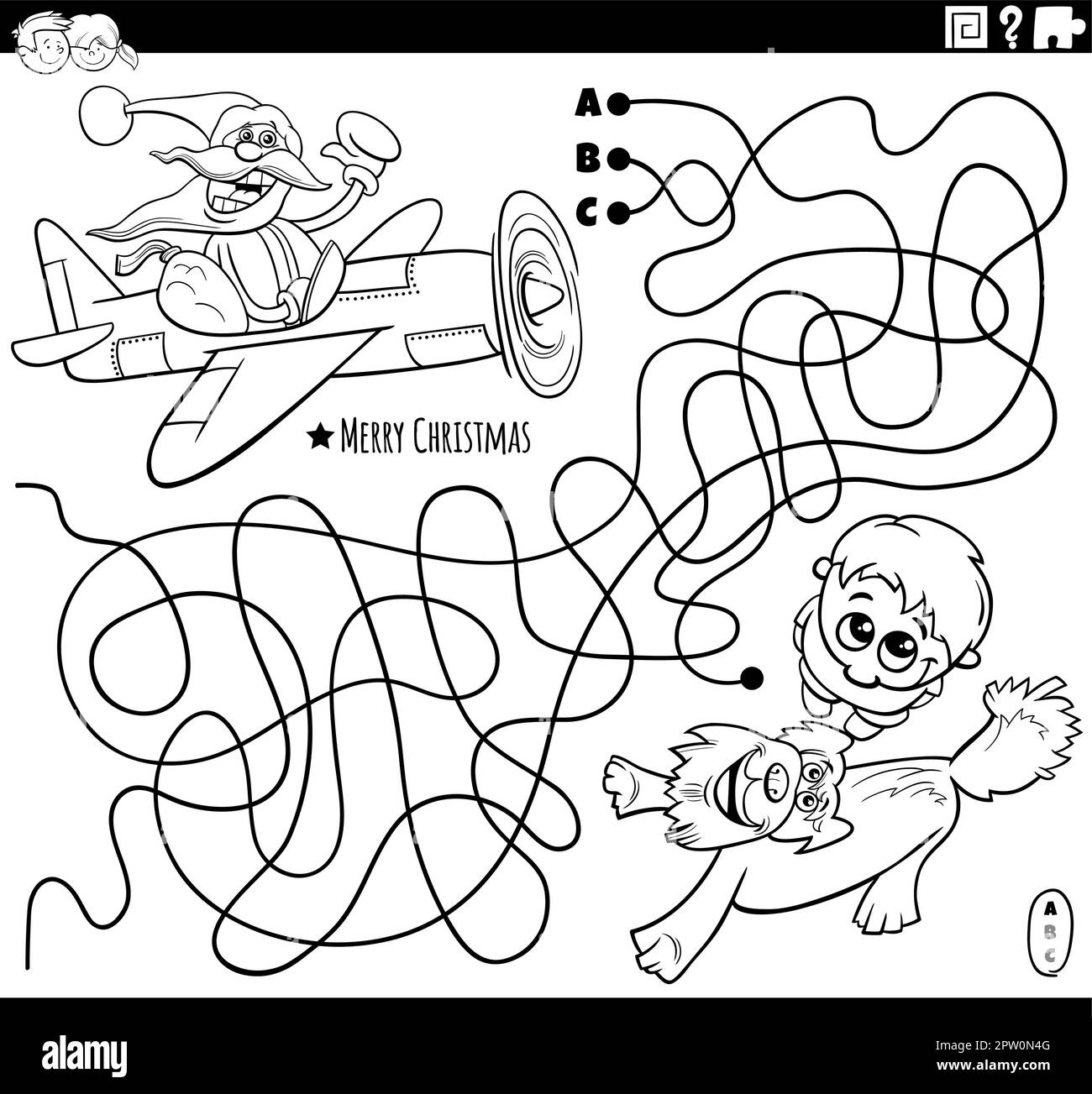 maze with Santa Claus in a plane and boy coloring page Stock Vector ...