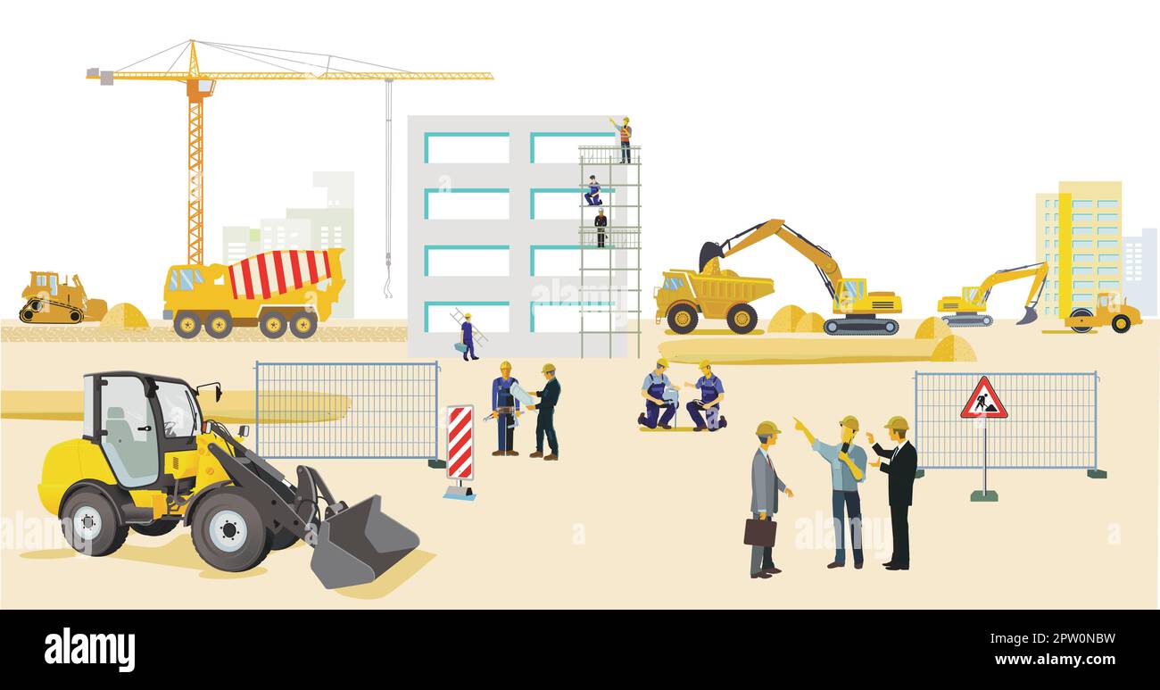 Construction site with excavators, construction machines and heavy ...