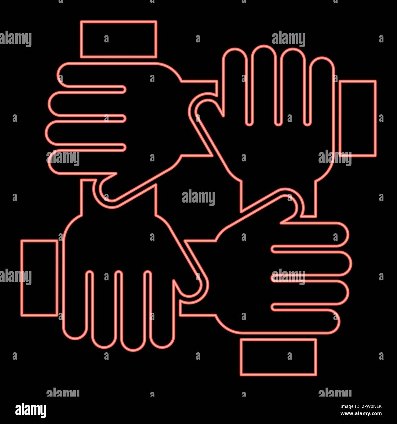 Neon four hand holding together team work concept red color vector ... Neon four hand holding together team work concept red color vector ...
