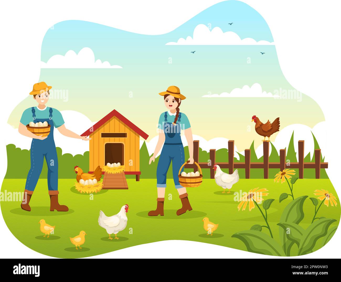 Poultry Farming with Farmer, Cage, Chicken and Egg Farm on Green Field ...
