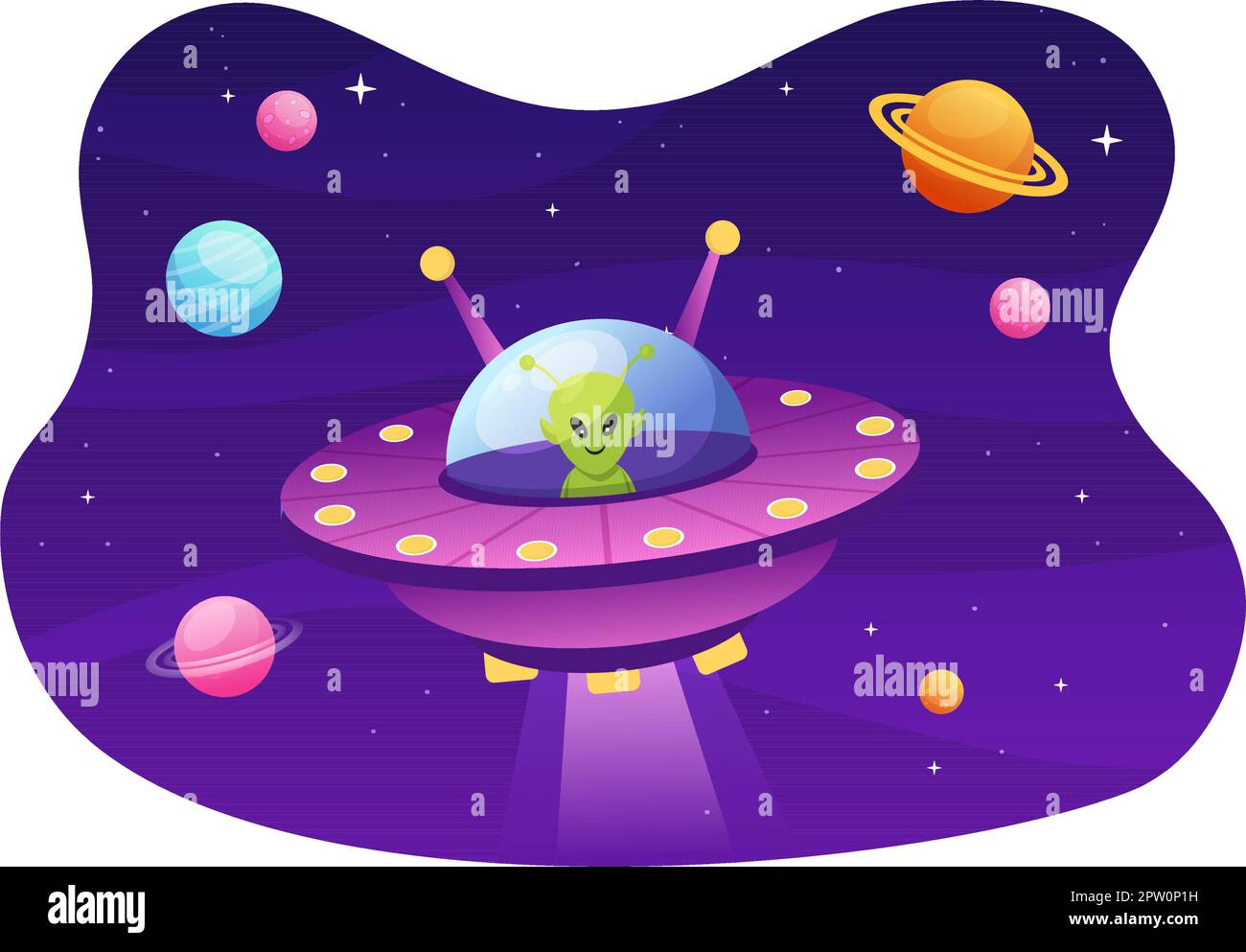 UFO Flying Spaceship with Rays of Light in Sky Night City View and ...