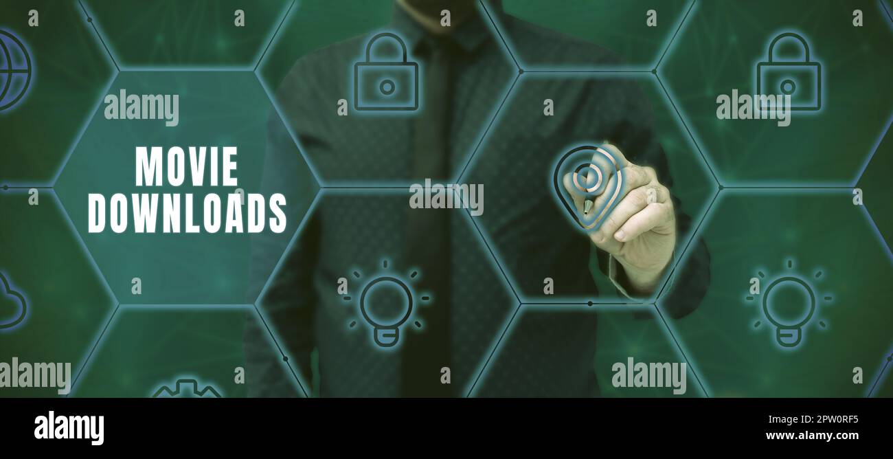 Text caption presenting Movie Downloads, Internet Concept transfers entire film for local ...