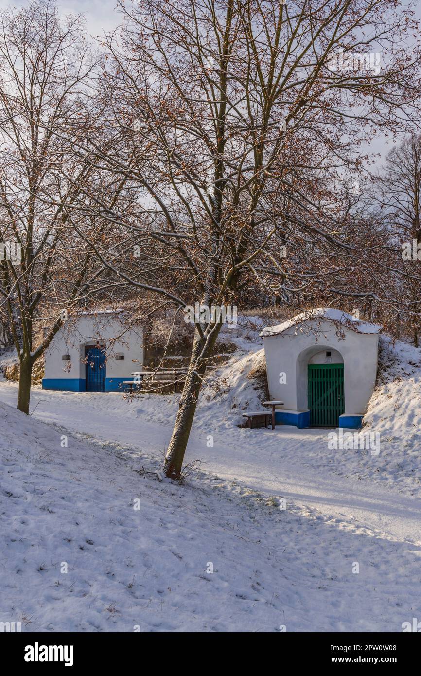 Group of typical outdoor wine cellars in Plze near Petrov, Southern ...