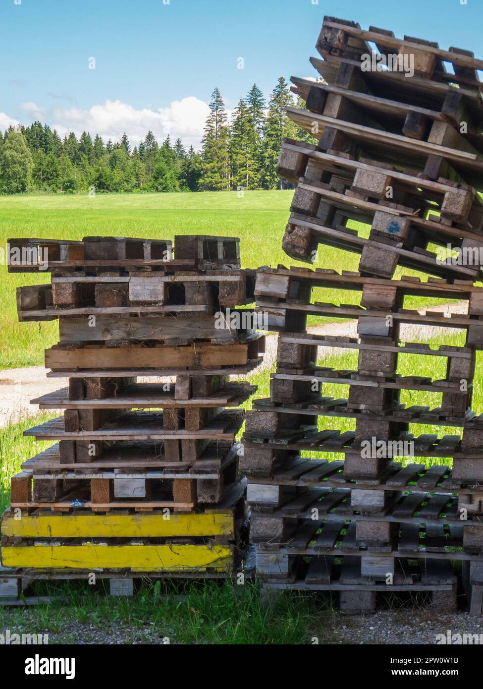 Landscape view with empty messy stacked pallets in foreground on green ...
