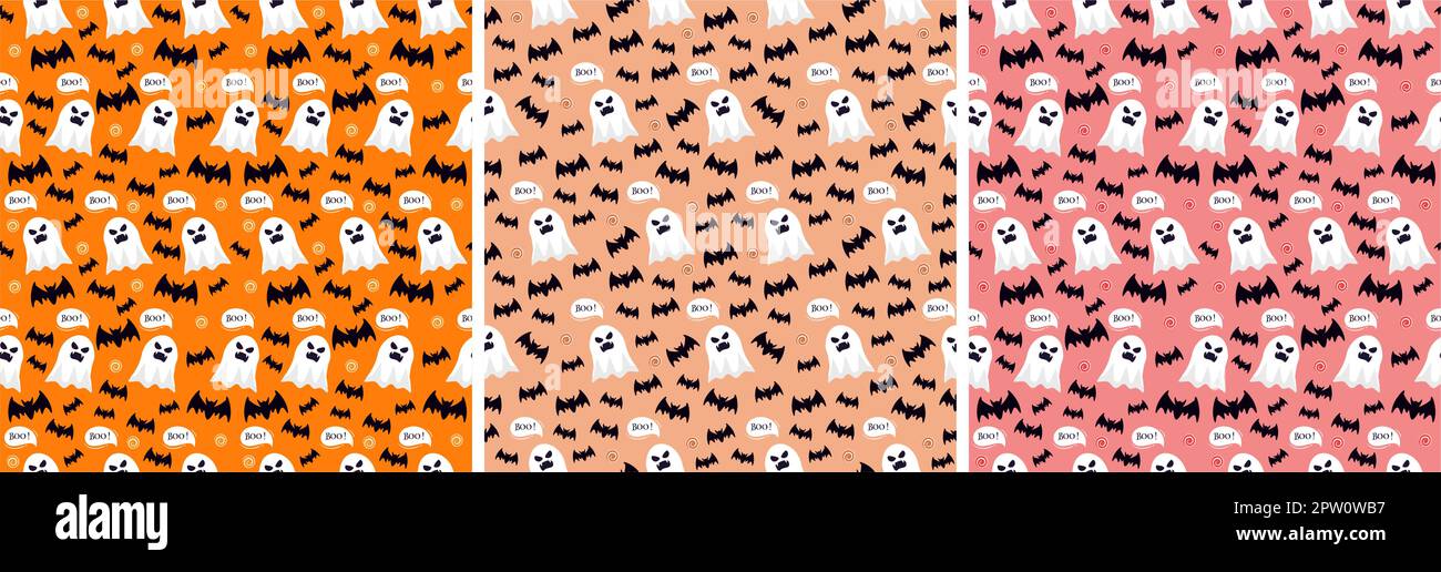 Set of Halloween Seamless Pattern Design With Witch, Haunted House ...