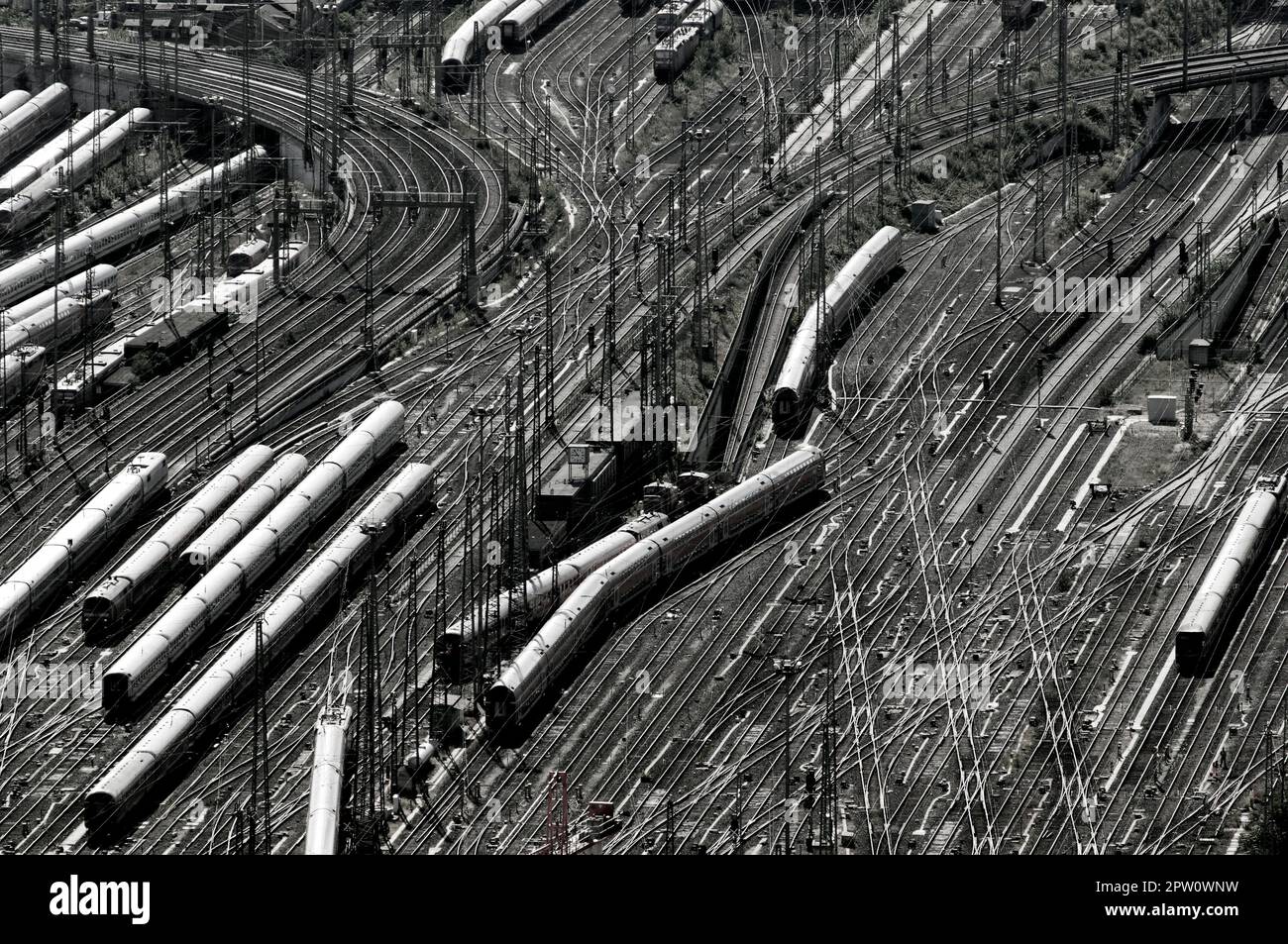 Bird's eye view of the trackwork of a marshalling yard with railroad ...