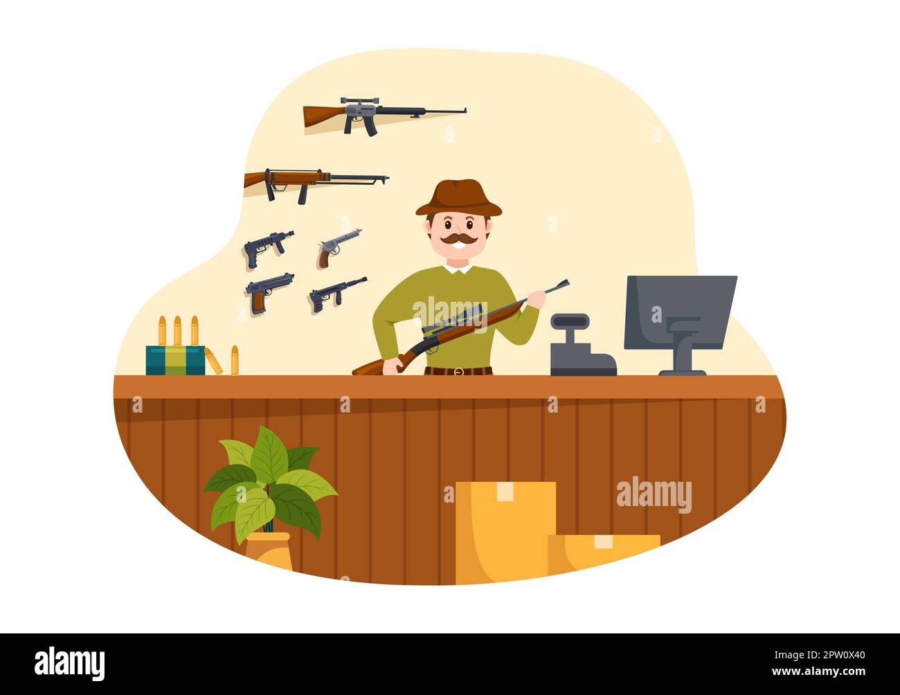 Gun Shop or Hunting with Rifle, Bullet, Weapon and Hunt Equipment in ...