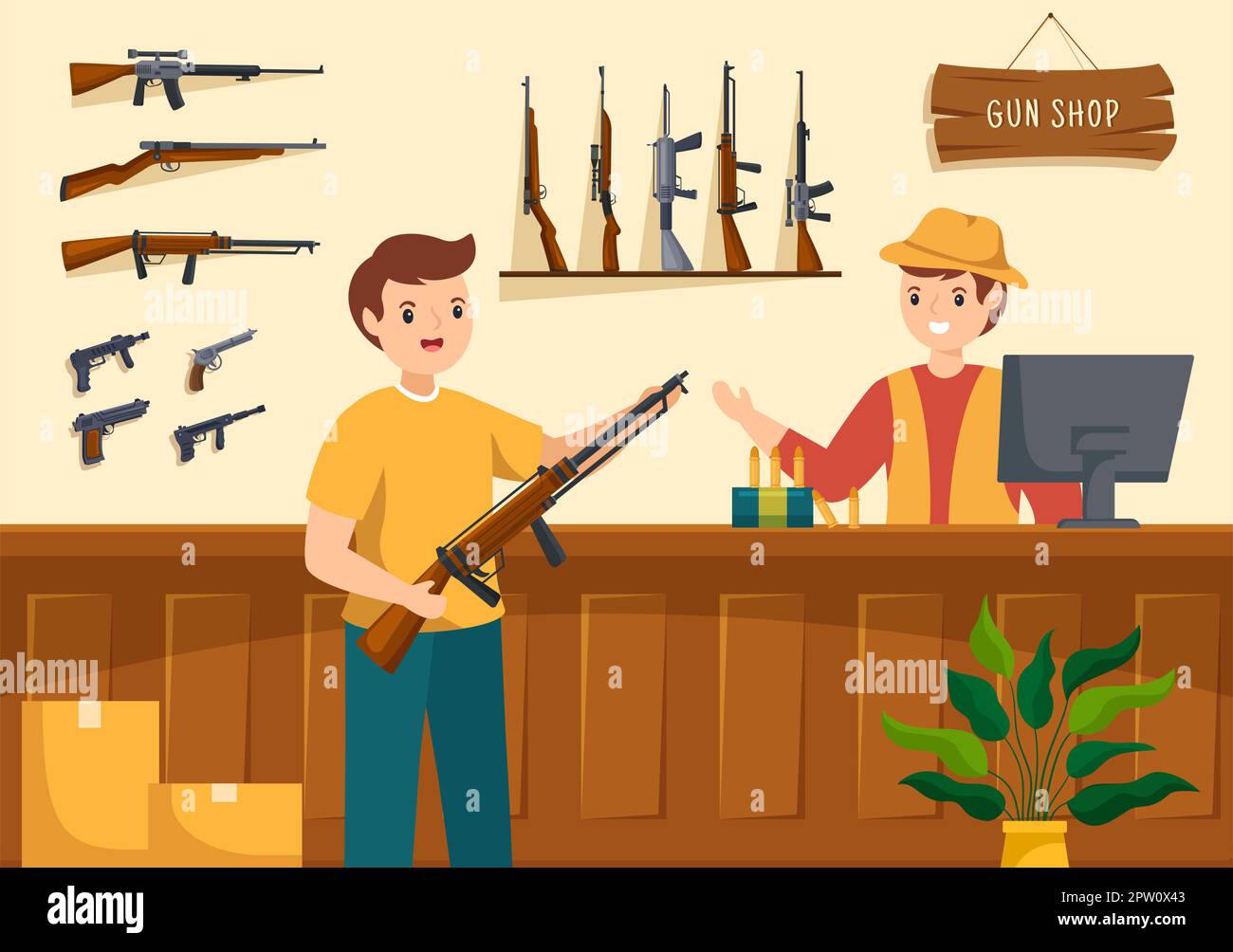 Gun Shop or Hunting with Rifle, Bullet, Weapon and Hunt Equipment in ...