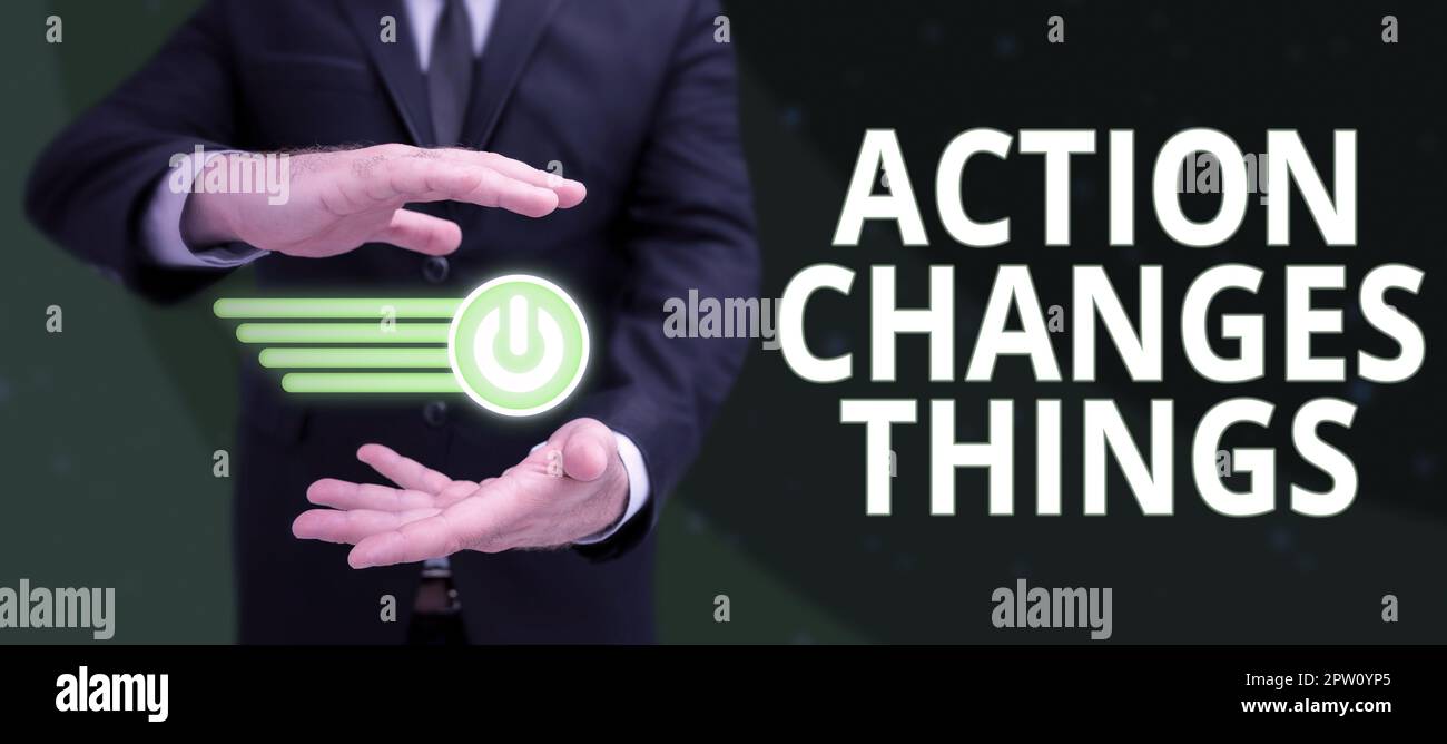 Text showing inspiration Action Changes Things, Word Written on doing ...