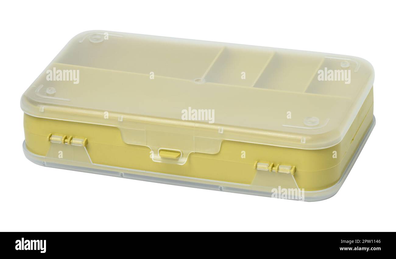 Empty plastic box for bolts, screws and other small items on a white ...