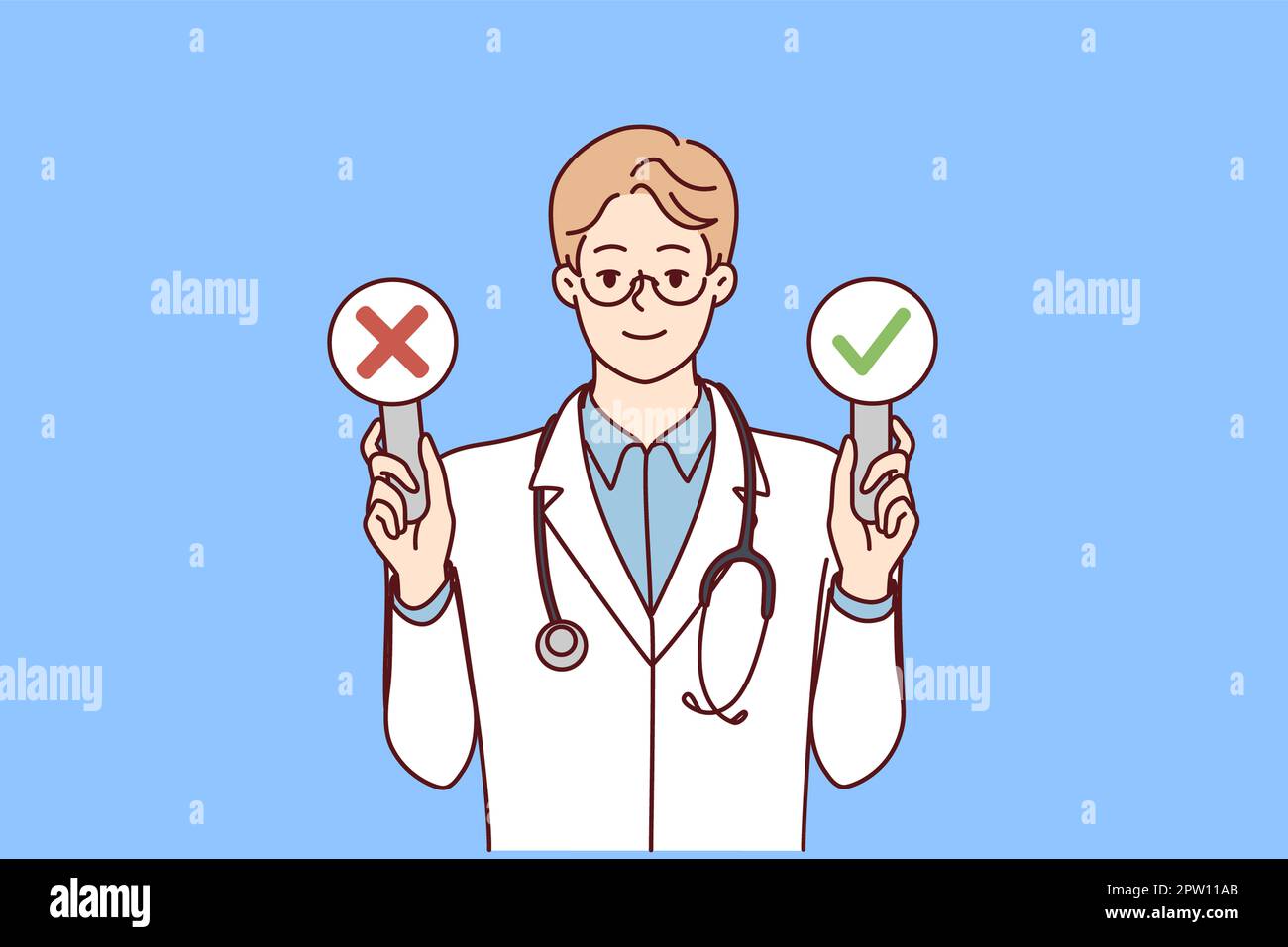 Man doctor with stethosop around neck demonstrates signs with check ...