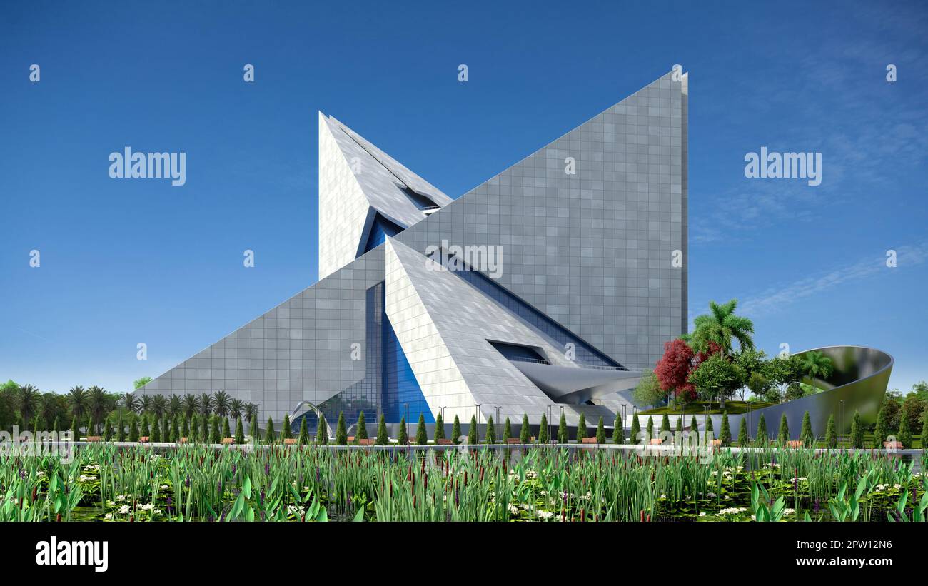 Futuristic architecture illustration with an origami-shaped building ...